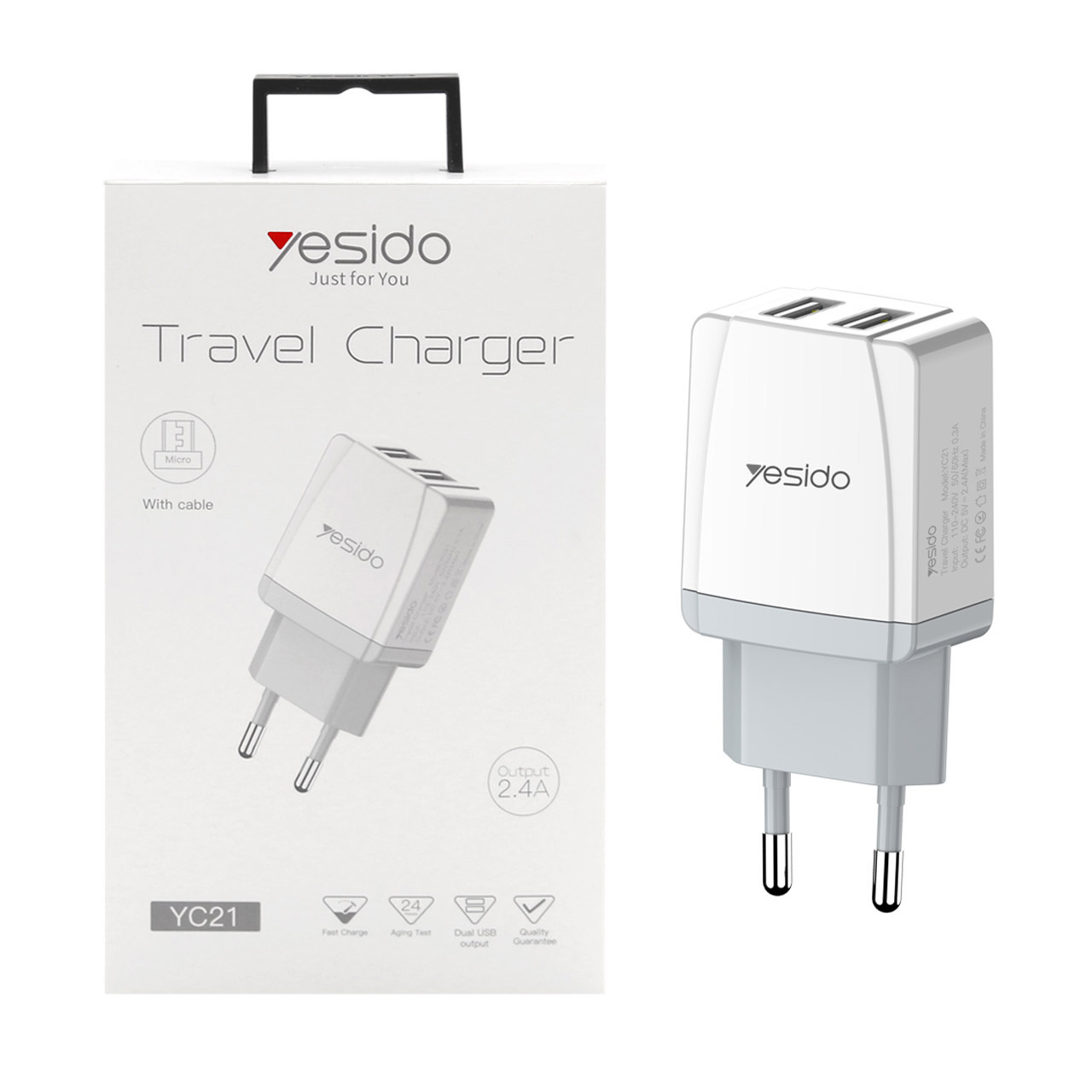 شارژر دیواری فست دو پورت Yesido مدل YC21 به همراه کابل اندروید-سفید - فروشگاه - پنل فروشگاهی eways