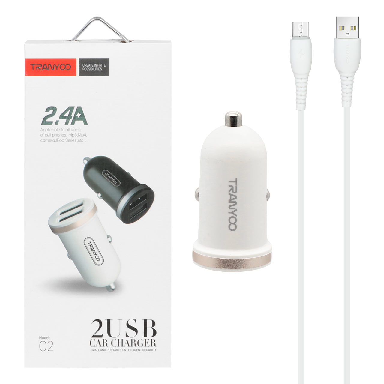 شارژر فندکی 12W فست دو پورت TRANYOO مدل C2 به همراه کابل شارژ اندروید - سفید - فروشگاه - پنل ...