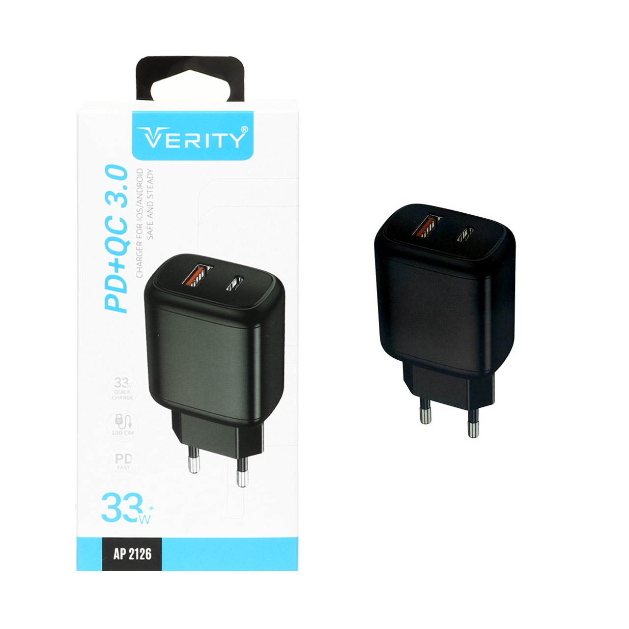 شارژر دیواری فست و PD دو پورت VERITY مدل AP2126 33W به همراه کابل شارژ ...